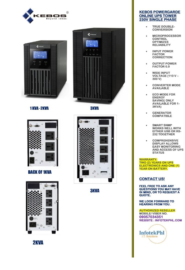 Kebos 1KVA 2KVA 3KVA Tower Online Ups Single Phase, Computers & Tech ...