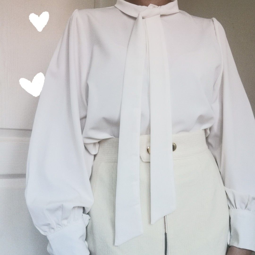 [Shopee Sale] Cream Ribbon Tie Blouse, Women's Fashion, Tops, Blouses ...