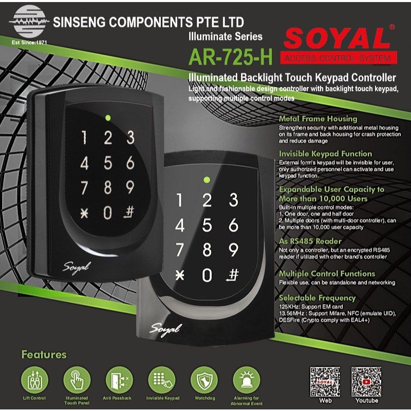 Soyal Access Control Door Access Touch Screen Reader Controller, AR-725HB (EM RFID CARD ...