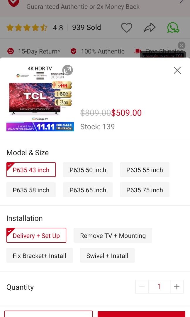 TCL 43 inch p635, TV & Home Appliances, TV & Entertainment, TV on Carousell