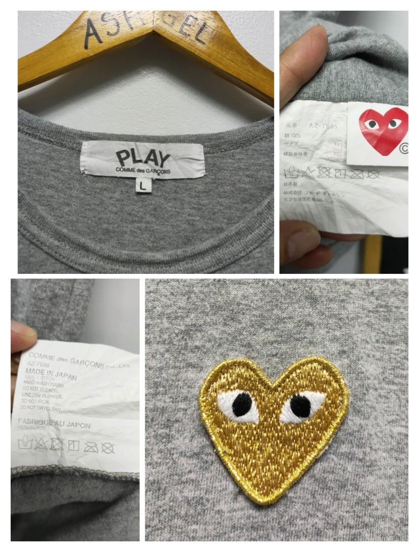 CDG Grey Shirt Gold Heart Logo, Luxury, Apparel on Carousell