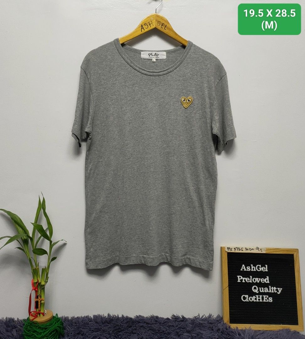 CDG Grey Shirt Gold Heart Logo, Luxury, Apparel on Carousell
