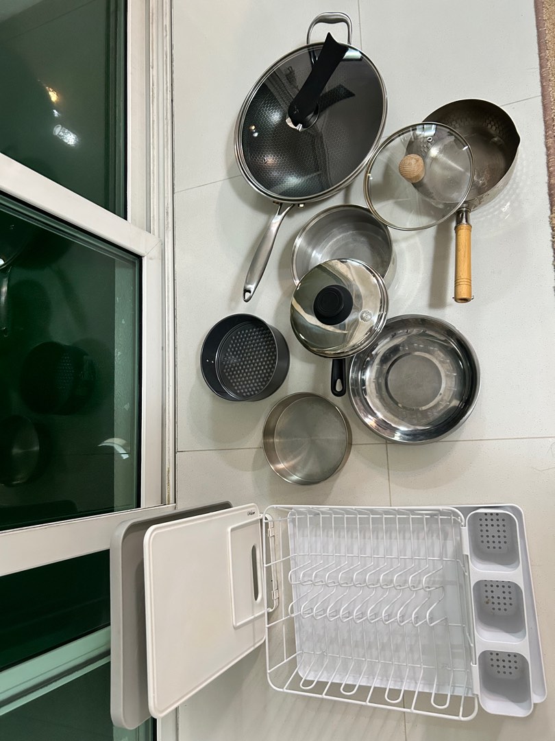 Complete kitchen set of pots, wok, cutting board, and dish dryer rack ...