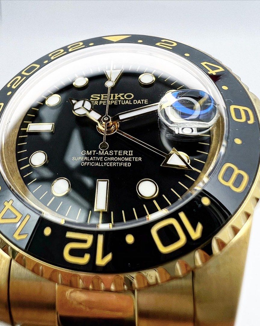 Custom Seiko Mod Black Gold GMT Master II 40mm, Men's Fashion, Watches ...
