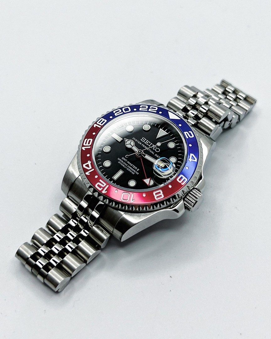 Custom Seiko Mod Pepsi (aluminum) GMT-Master II on jubilee 40mm, Men's ...