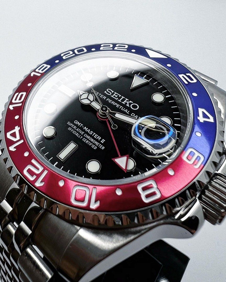 Custom Seiko Mod Pepsi (aluminum) GMT-Master II on jubilee 40mm, Men's ...