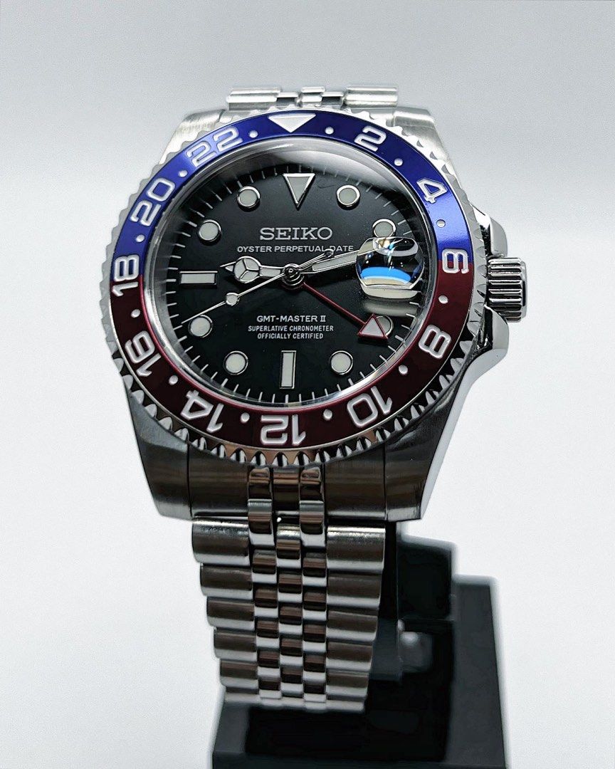 Custom Seiko Mod Pepsi (aluminum) GMT-Master II on jubilee 40mm, Men's ...
