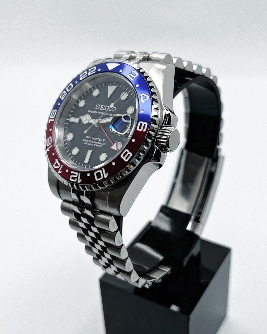 Custom Seiko Mod Pepsi (aluminum) GMT-Master II on jubilee 40mm, Men's ...