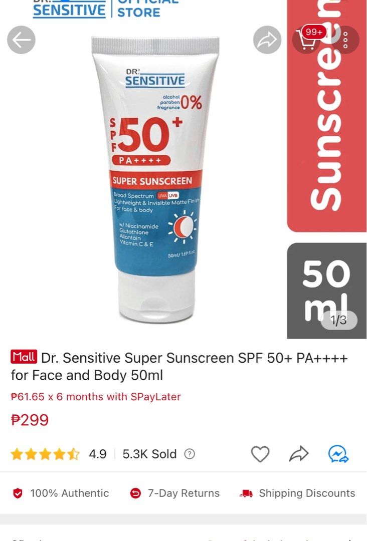 Dr. Sensitive Super Sunscreen SPF 50+ PA++++ for Face and Body 50ml ...