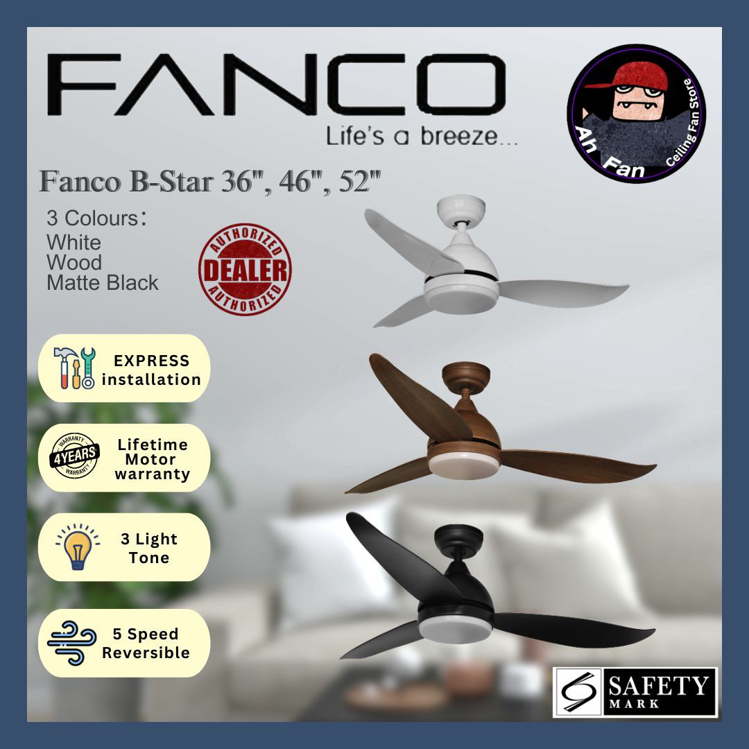 Fanco B-Star Ceiling Fan with 3 Tone LED Light Kit and Remote Control ...