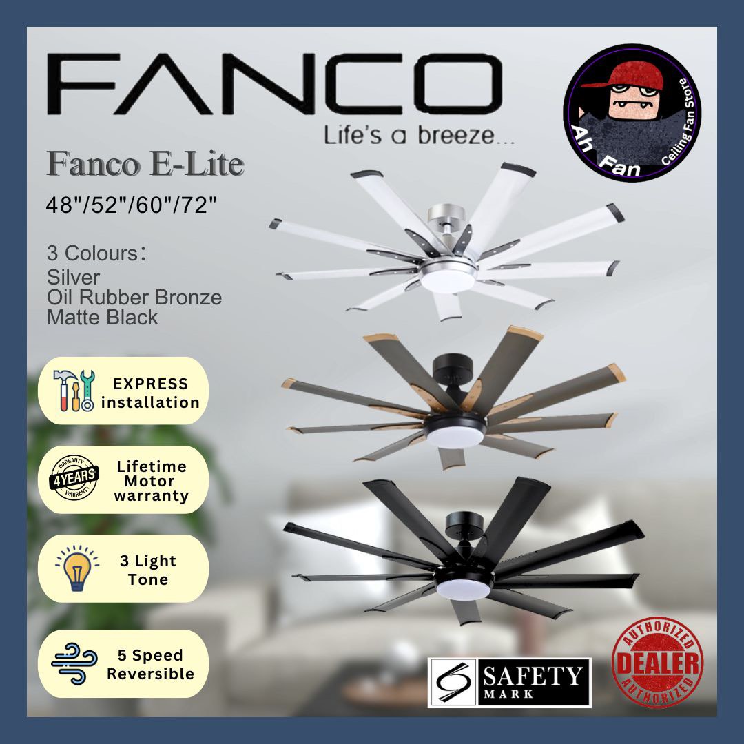 Fanco E-Lite Ceiling Fan 9 Blades 3 Tone LED Light Kit and Remote 48/52 ...