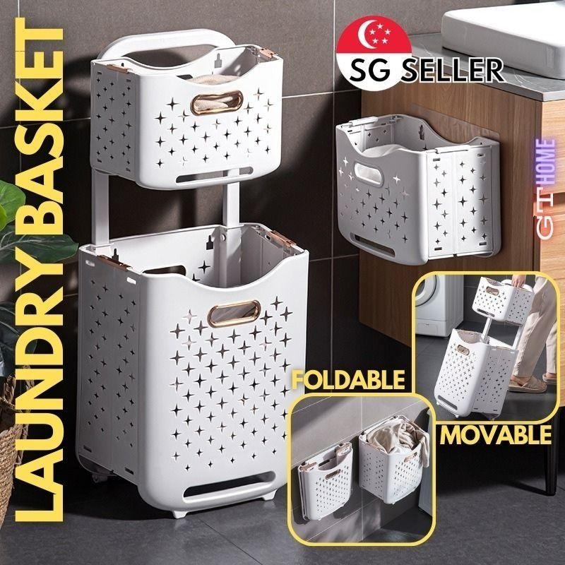 [FREE DELIVERY] Foldable Laundry Basket with Movable Wheels Double Deck ...