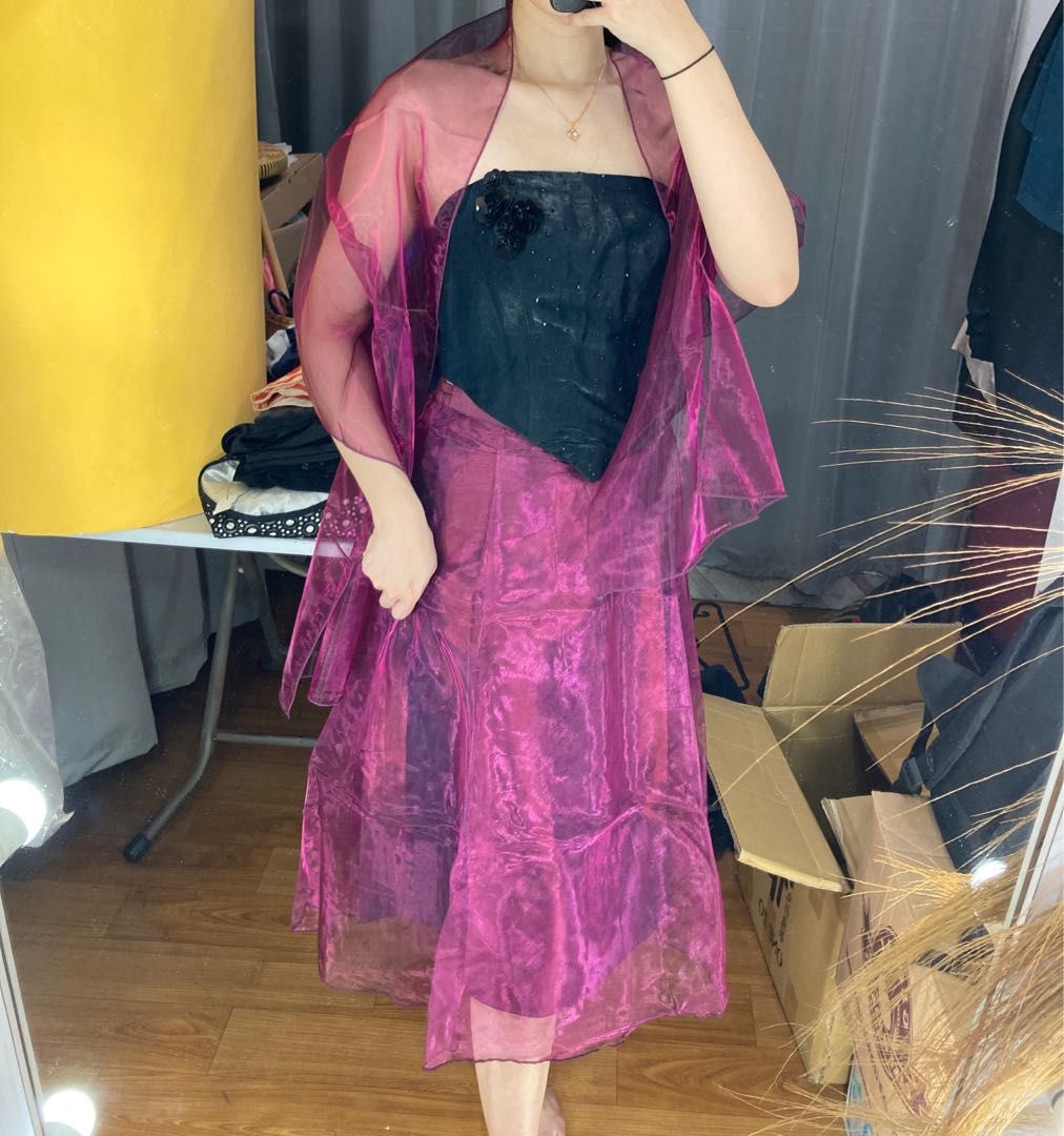 Gaun Pesta Kemben Bustier Rok Ungu Hitam, Fesyen Wanita, Pakaian Wanita ...