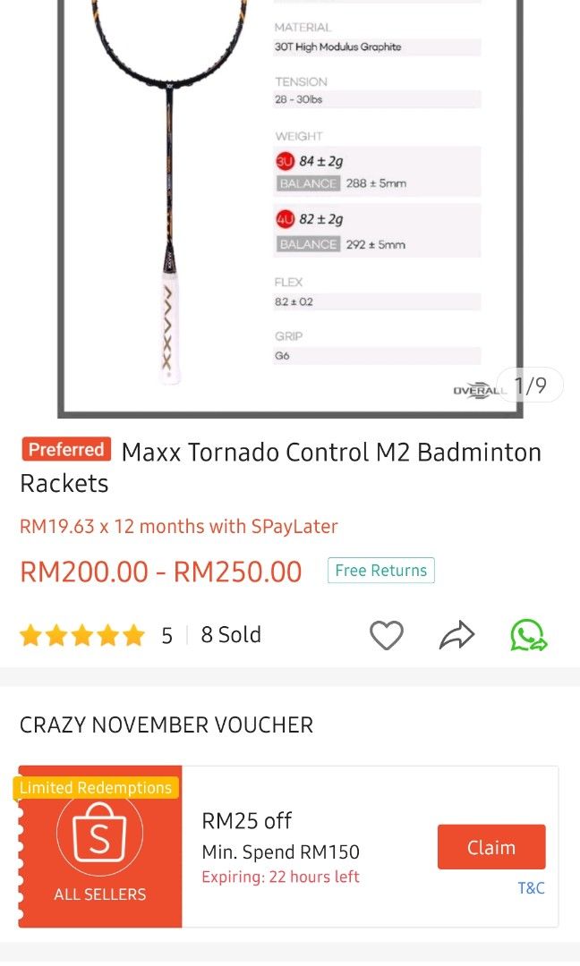 Maxx Tornado Control M2 Badminton, Sports Equipment, Sports & Games ...