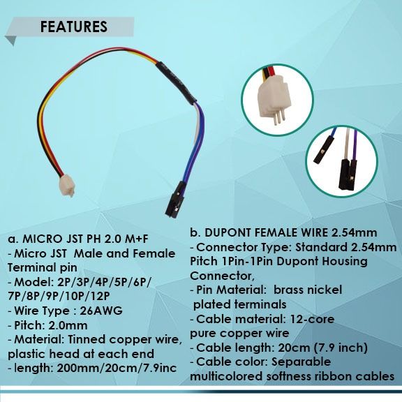 MICRO JST PH 2.0 M+F to DUPONT FEMALE WIRE 2.54mm, BEST FOR BREADBOARD ...