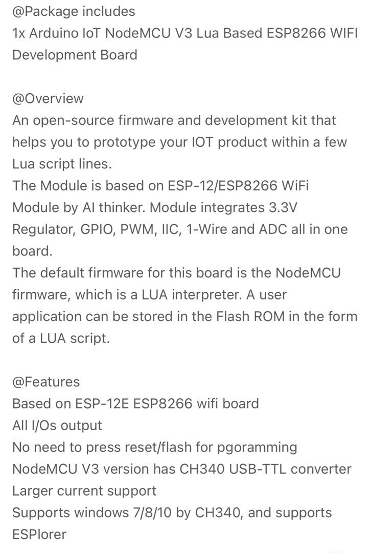 NodeMCU LoLin V3 for Arduino Lua IoT ESP8266 Wi-Fi Module Bluetooth ...
