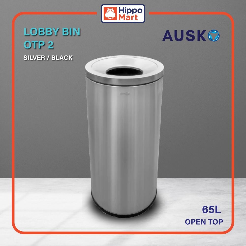 OTP2 Lobby Bin, 65L, Silver, Black, Lobby Bin, Open Top Bin, Garbage ...