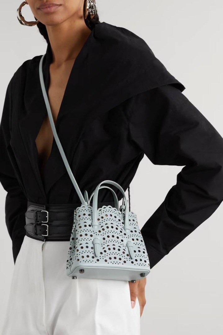 READY Alaia Mina 16 Micro Lasered Handbag in Sky Blue Gray Calf Leather ...