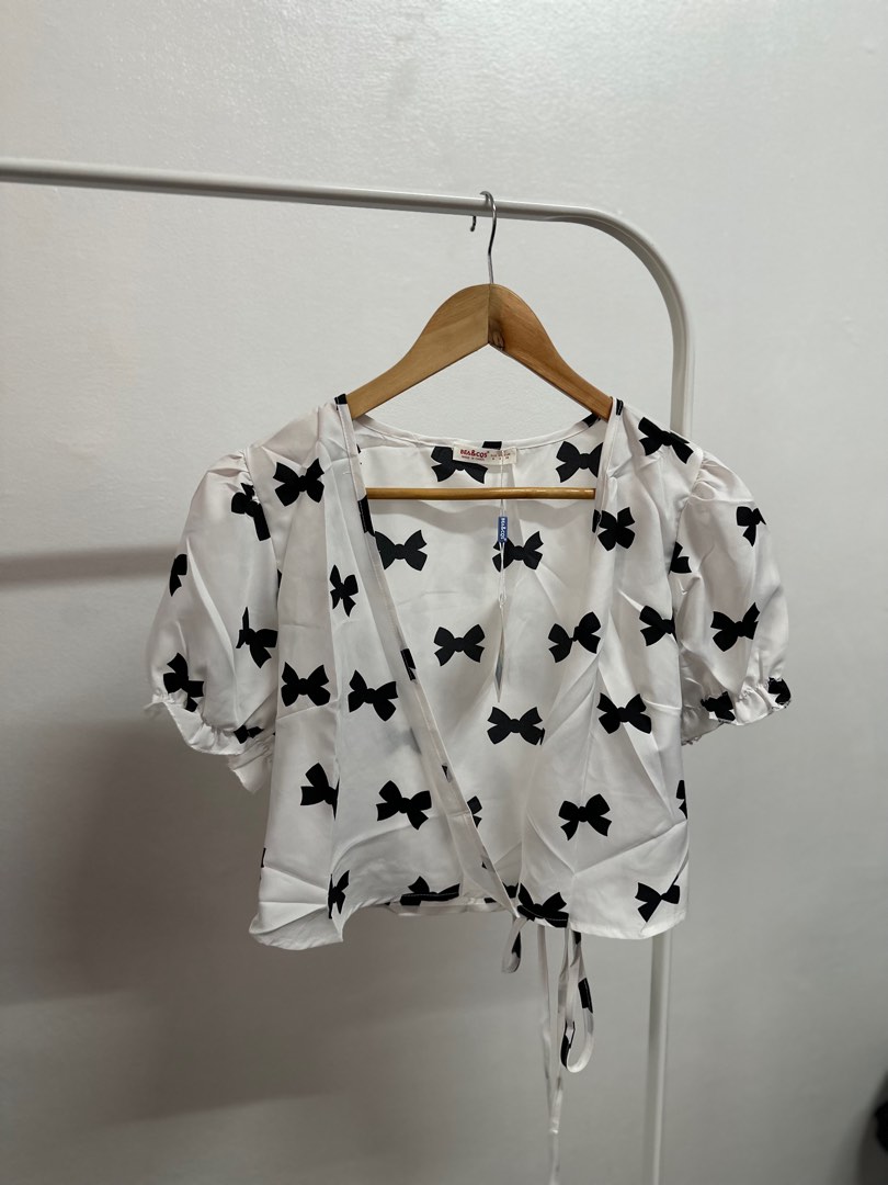 Ribbon bow white blouse top, Women's Fashion, Tops, Blouses on Carousell