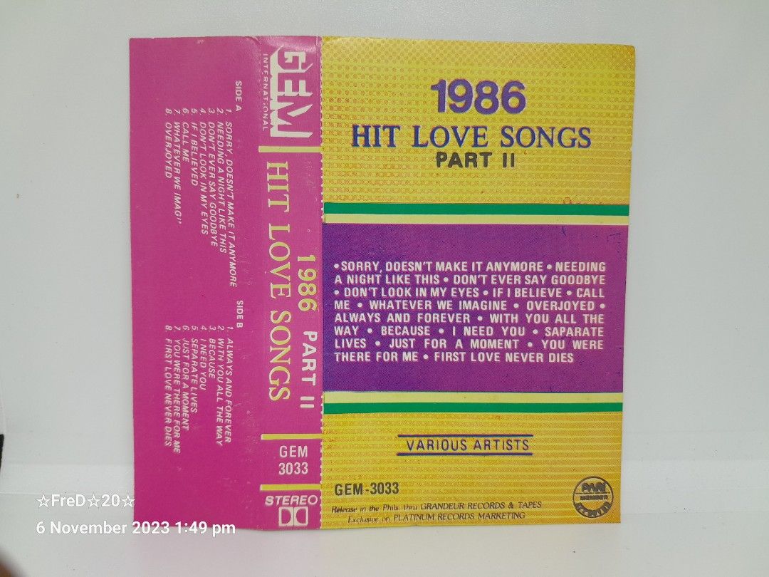 Vintage 1986 Hit Love Songs Part II Casette Tape, Hobbies & Toys ...