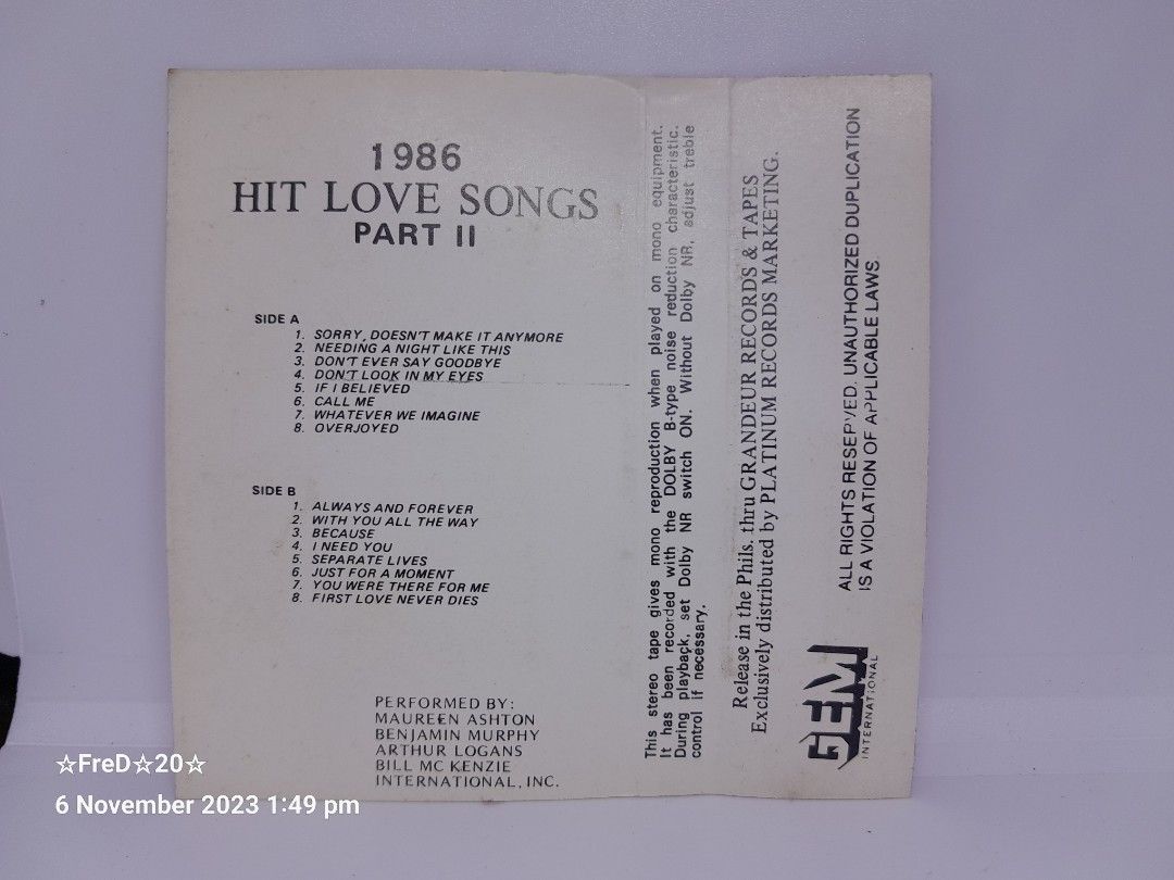 Vintage 1986 Hit Love Songs Part II Casette Tape, Hobbies & Toys ...