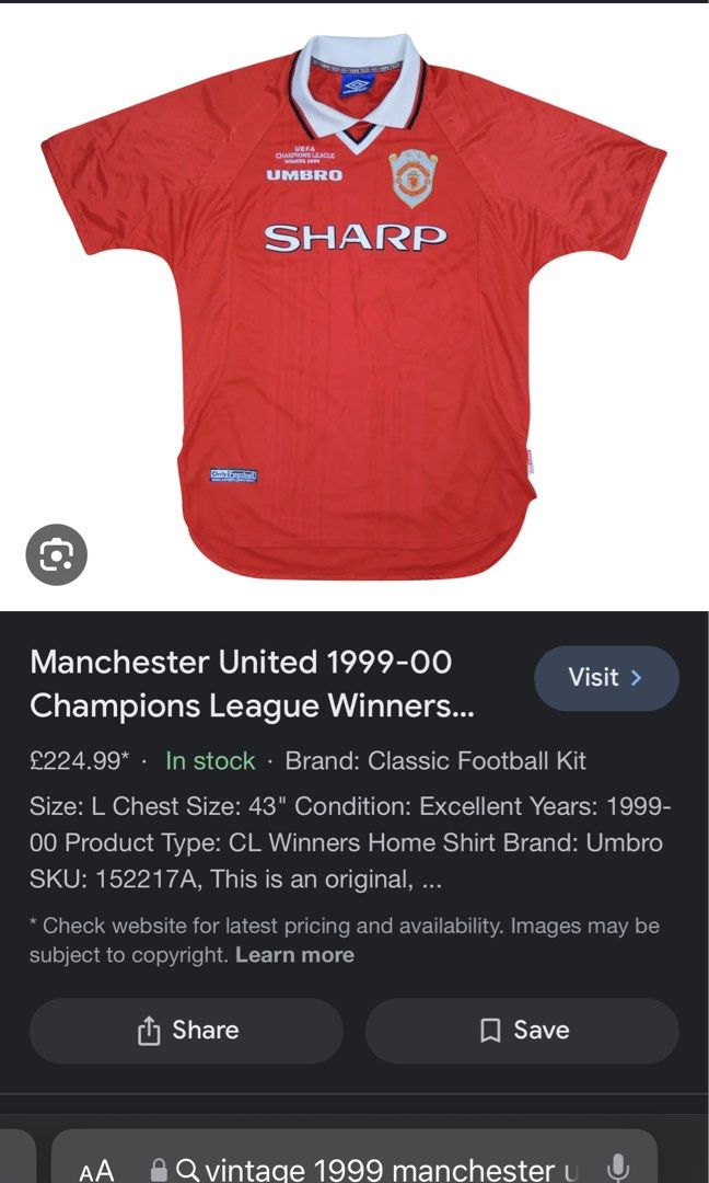 Vintage 1999 UCL Winners Manchester United Home Jersey , Men's Fashion ...
