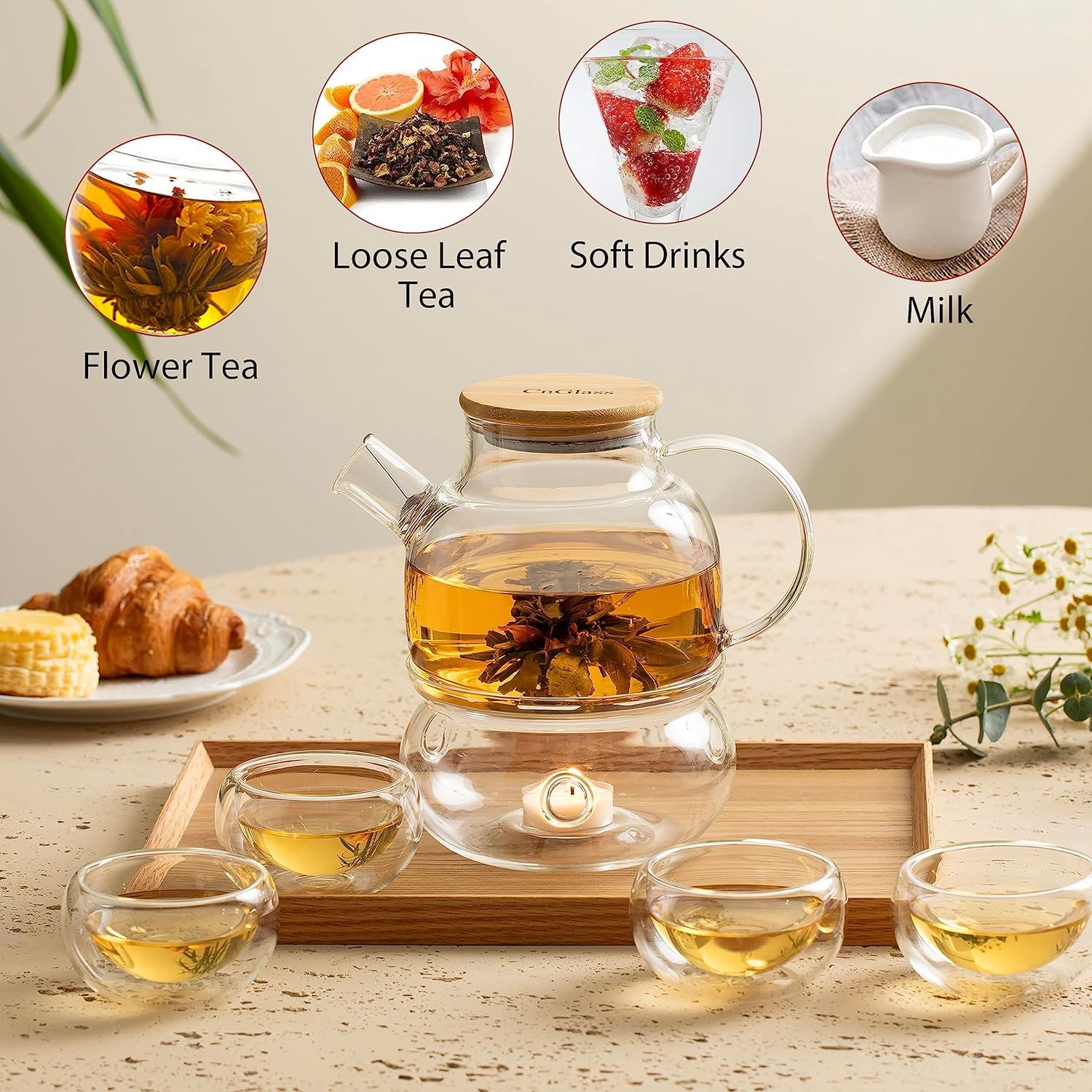 CNGLASS 30.4oz Glass Teapot with Bamboo Lid Stovetop Safe and 3.4oz(4 ...