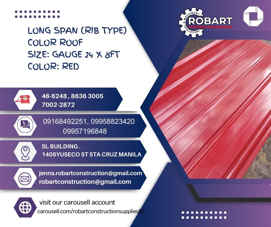Long Span (Rib Type) Color Roof Size: Gauge 24 x 8ft Color: Red ...