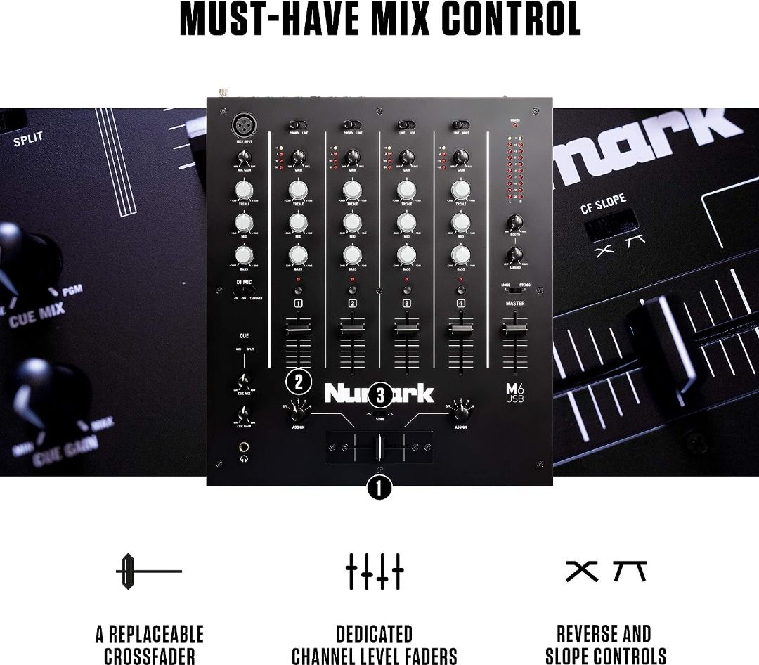 Numark M6 USB - 4-Channel DJ Mixer with Built-In Audio Interface, 3 ...