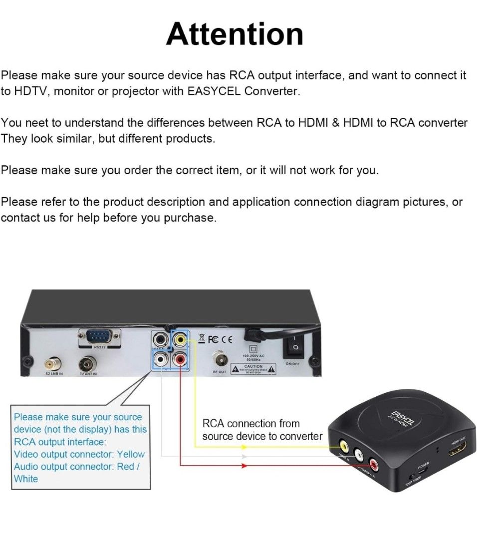 (AUTHENTIC) RCA to HDMI Converter, EASYCEL Composite to HDMI Converter, CVBS/ AV to HDMI ...