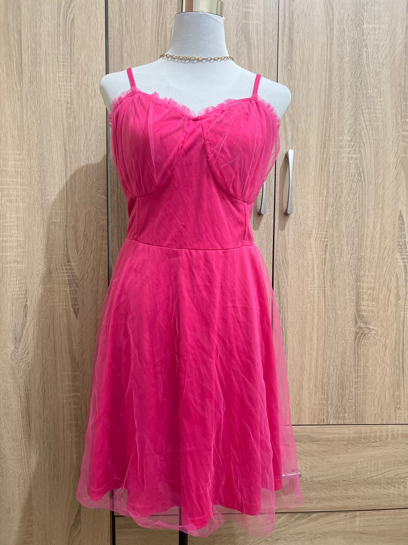 SHEIN Curve mesh barbie pink bustier dress, Women's Fashion, Dresses ...