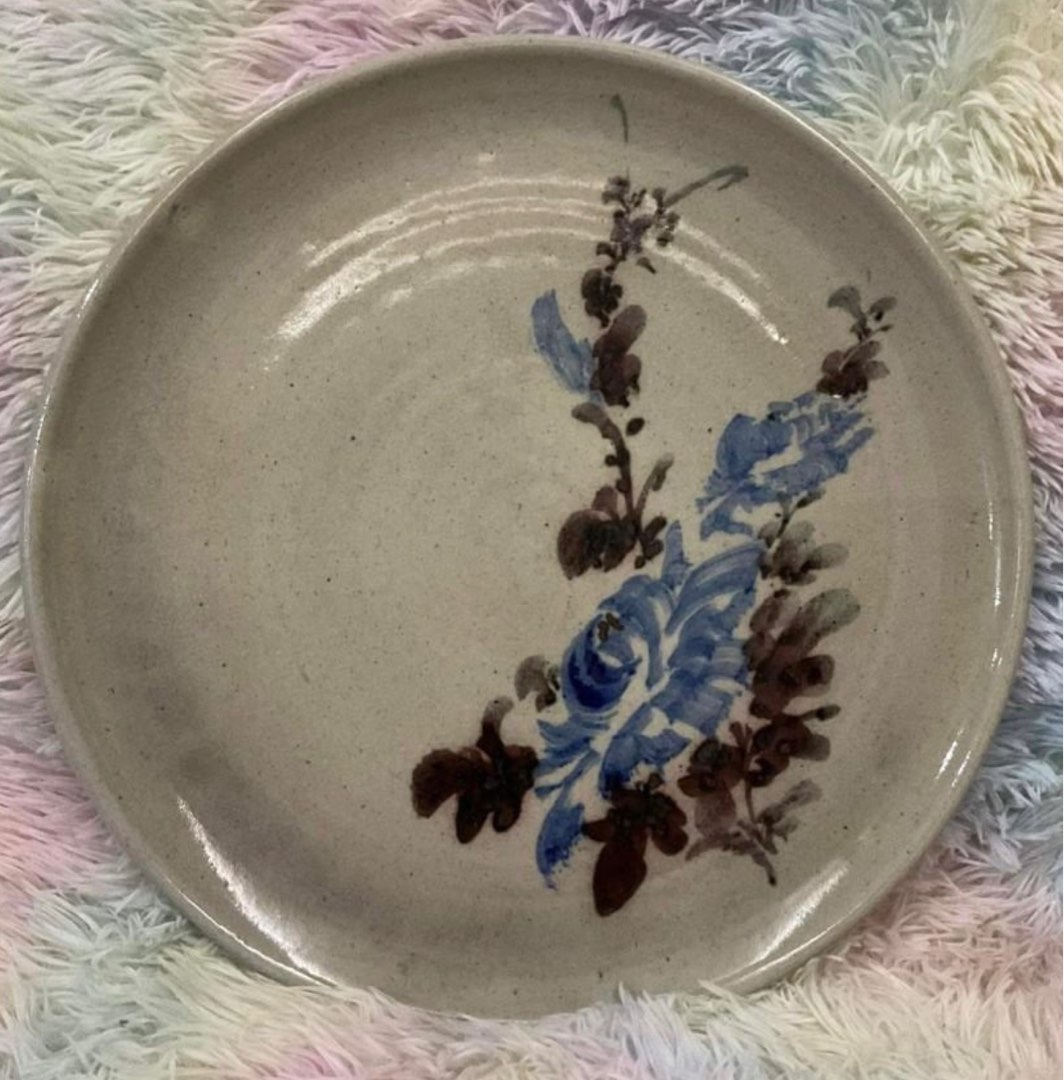 Stoneware Vintage Glaze Handpainted Thick Heavy Blue Brown Flower Pattern Crackle Serving Beige ...