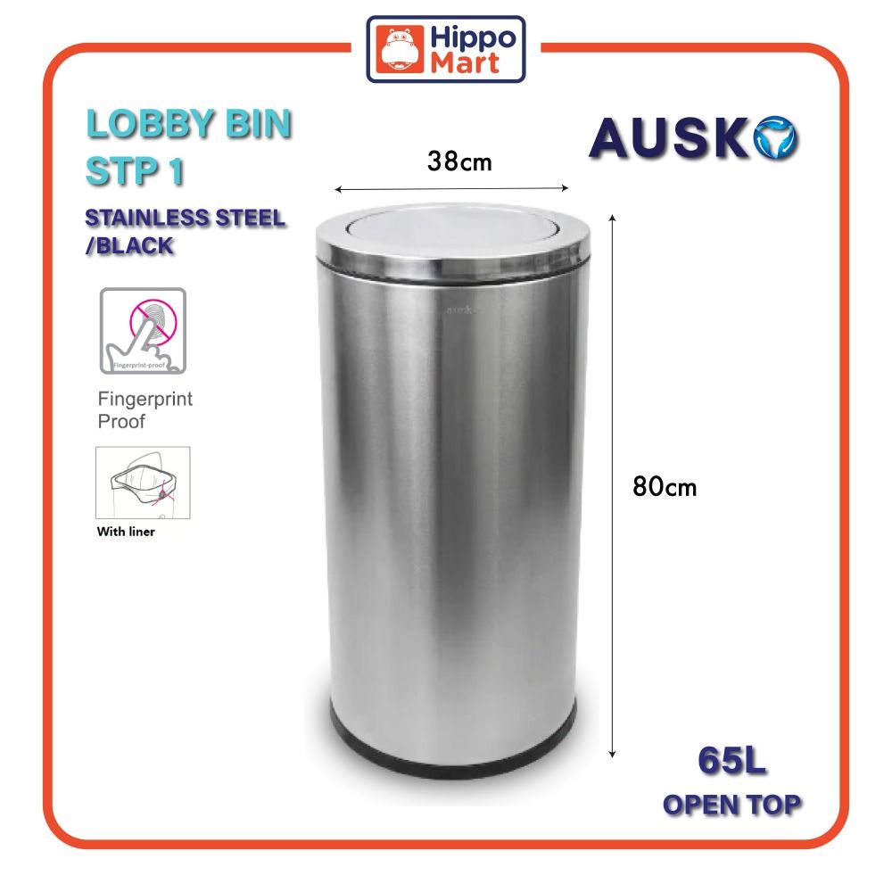 STP1 Lobby bin, 65L, Silver, Black, Lobby Bin, Open Top Bin, Garbage ...