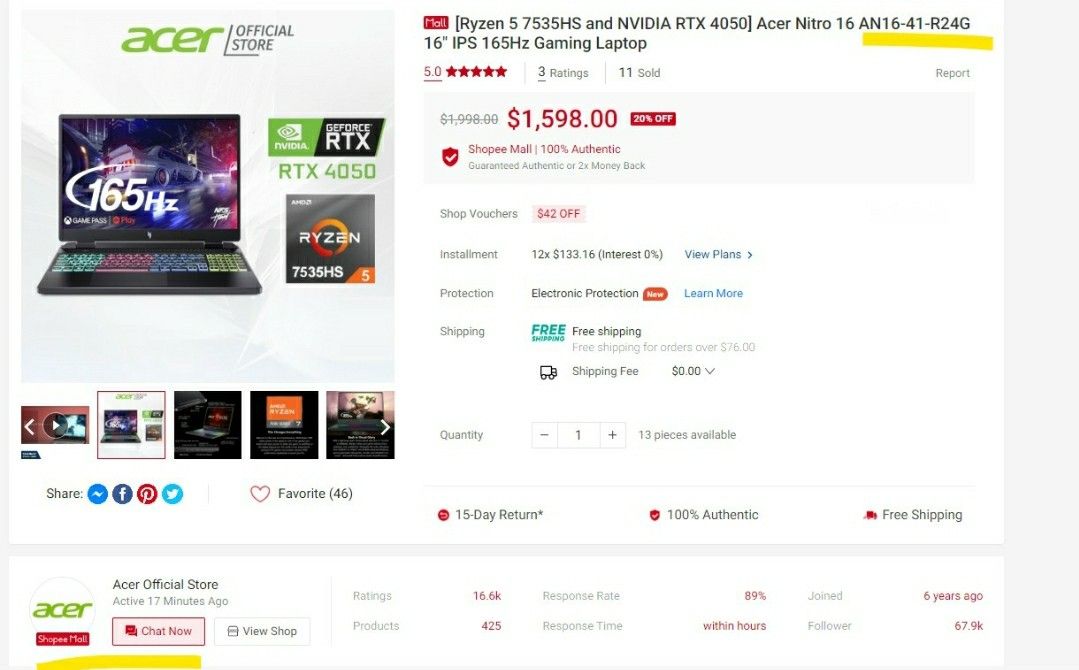 Acer Nitro Gaming Laptop RTX4050 and 32GB RAM at 1200. Acer website is ...