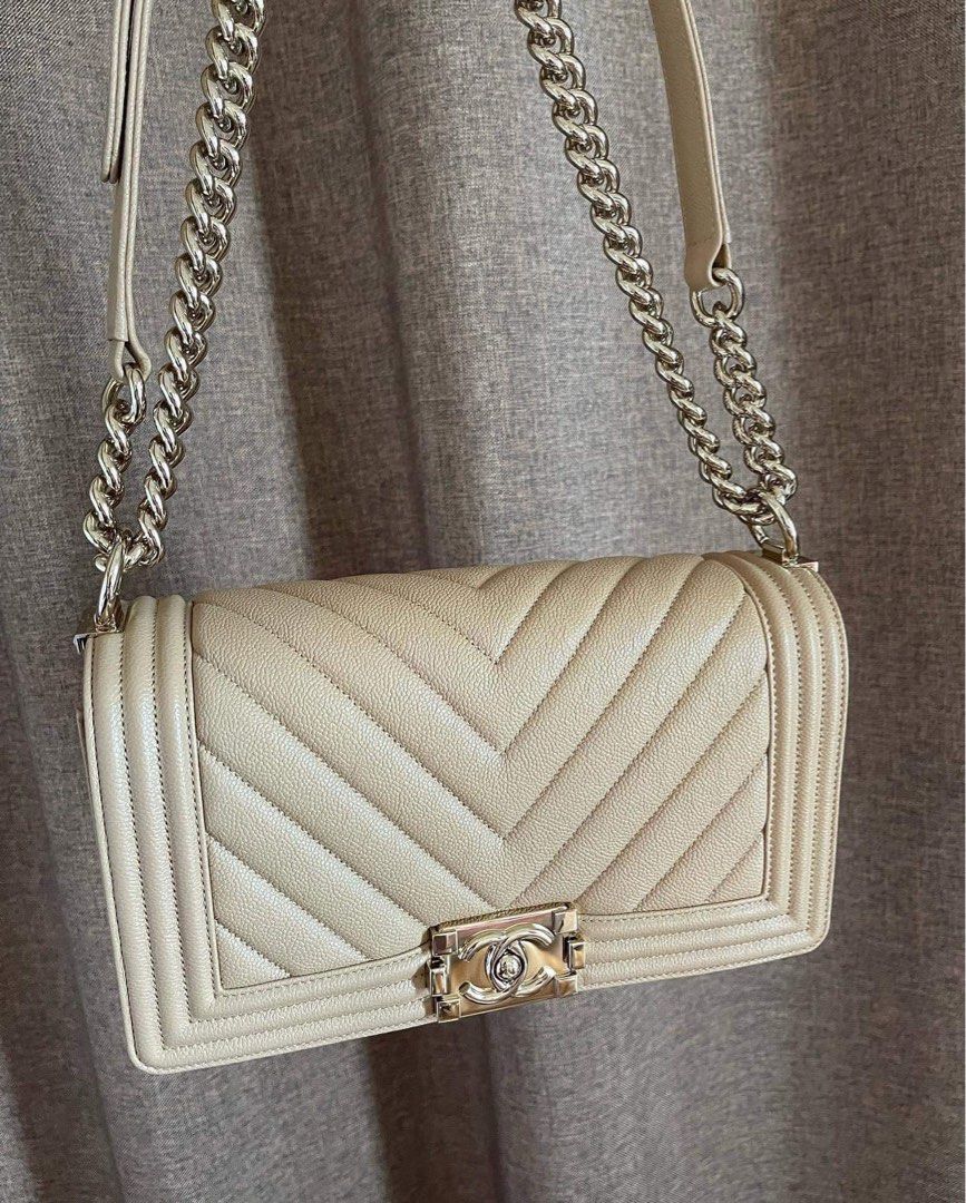 Chanel Leboy Chevron Caviar in Beige Gold Hardware, Luxury, Bags ...