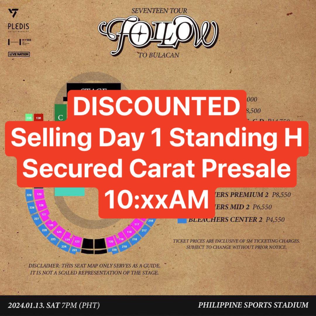 DISCOUNTED Day 1 secured Carat Presale Seventeen follow tour (bulacan) Floor Standing H, Tickets ...