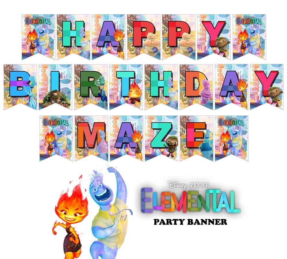 Elemental Movie Theme Birthday Party Banner Cupcake Cake Topper ...