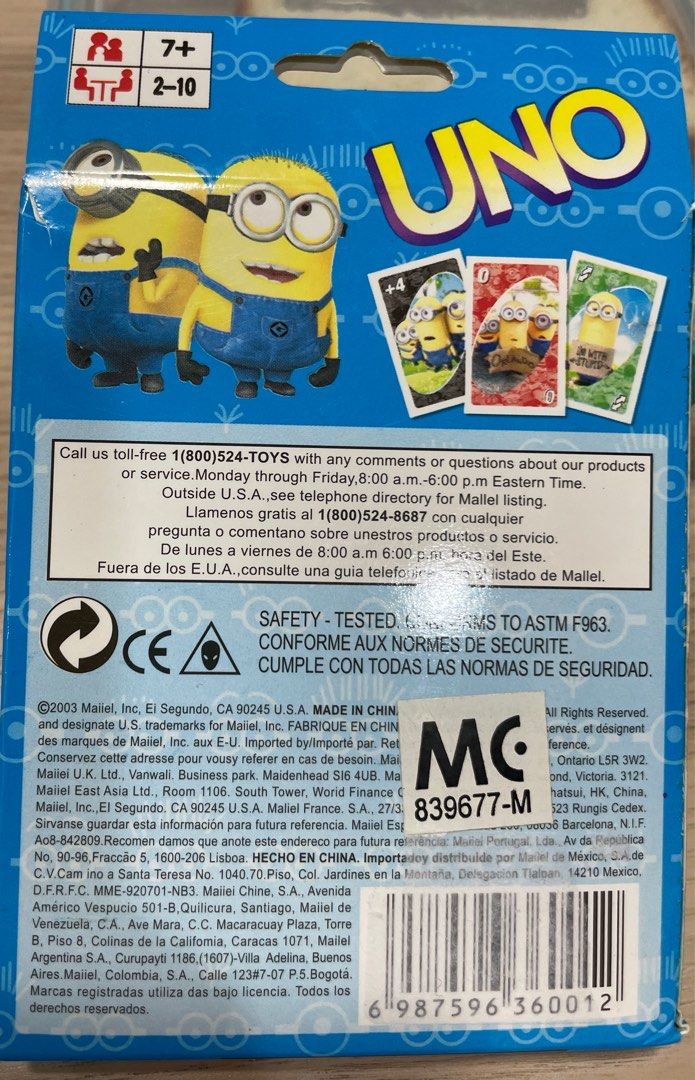 MINIONS UNO for 7+ age, Hobbies & Toys, Toys & Games on Carousell