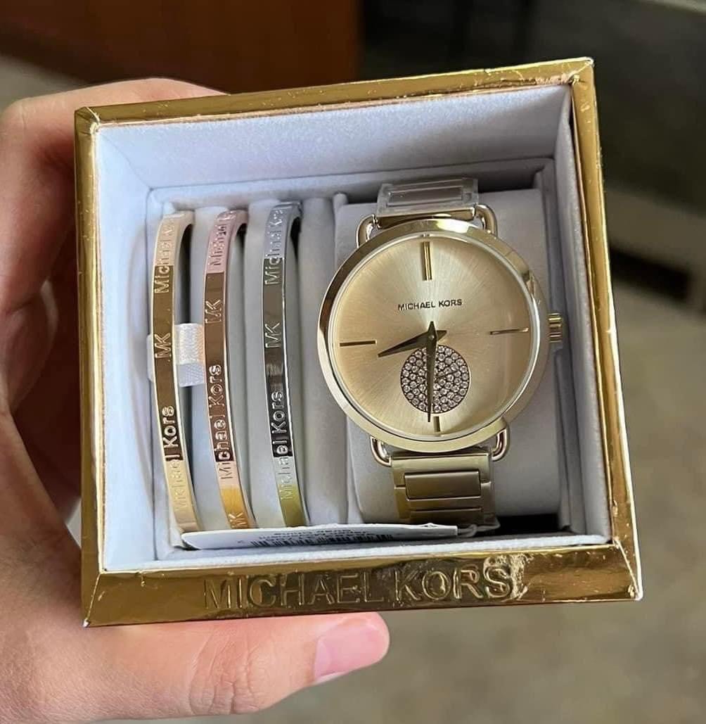 MK SET PORTIA W TRI TONE BANGLES AUTHENTIC WATCH, Women's Fashion ...