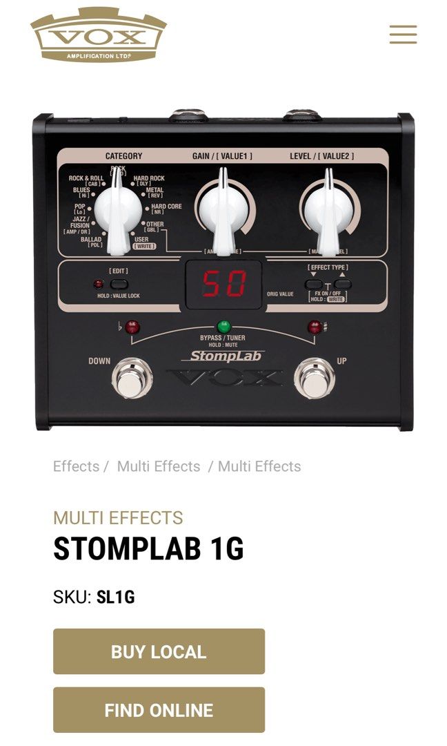 Vox StompLab 1G Multi Effects Modelling Pedal, Hobbies & Toys, Music ...