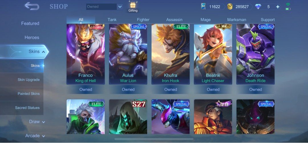 253 SKINS, LEGEND FRANCO, 19 EPIC SKINS, 3 ZODIAC: HILDA, BADANG ...