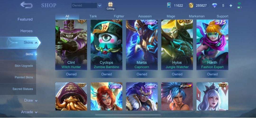 253 SKINS, LEGEND FRANCO, 19 EPIC SKINS, 3 ZODIAC: HILDA, BADANG ...