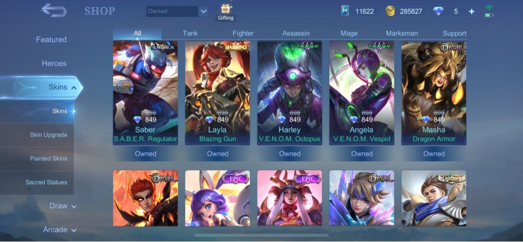 253 SKINS, LEGEND FRANCO, 19 EPIC SKINS, 3 ZODIAC: HILDA, BADANG ...