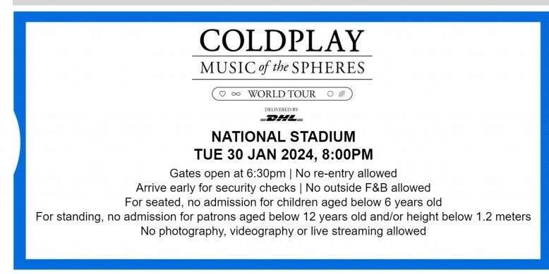 Coldplay seating ticket, Tickets & Vouchers, Event Tickets on Carousell
