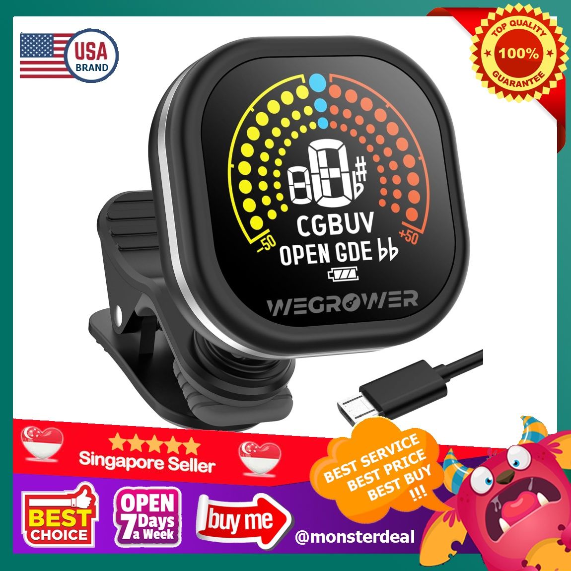 Guitar Tuner Rechargeable, Clip On Tuner with LCD Color Display with ...