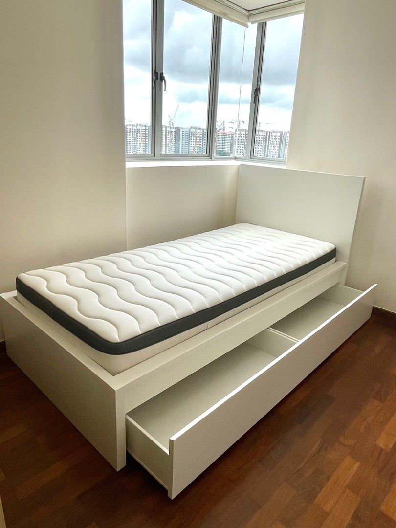 IKEA MALM N Bed Frame High 90 x 200 with Luroy Bed Base 2 Add on Drawers mattress