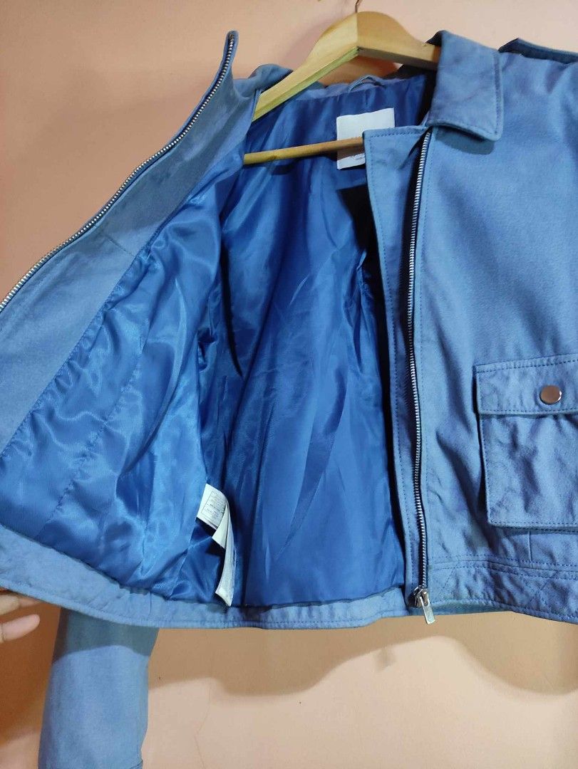 MANGO LEATHER JACKET PALE BLUE, Women's Fashion, Coats, Jackets and ...