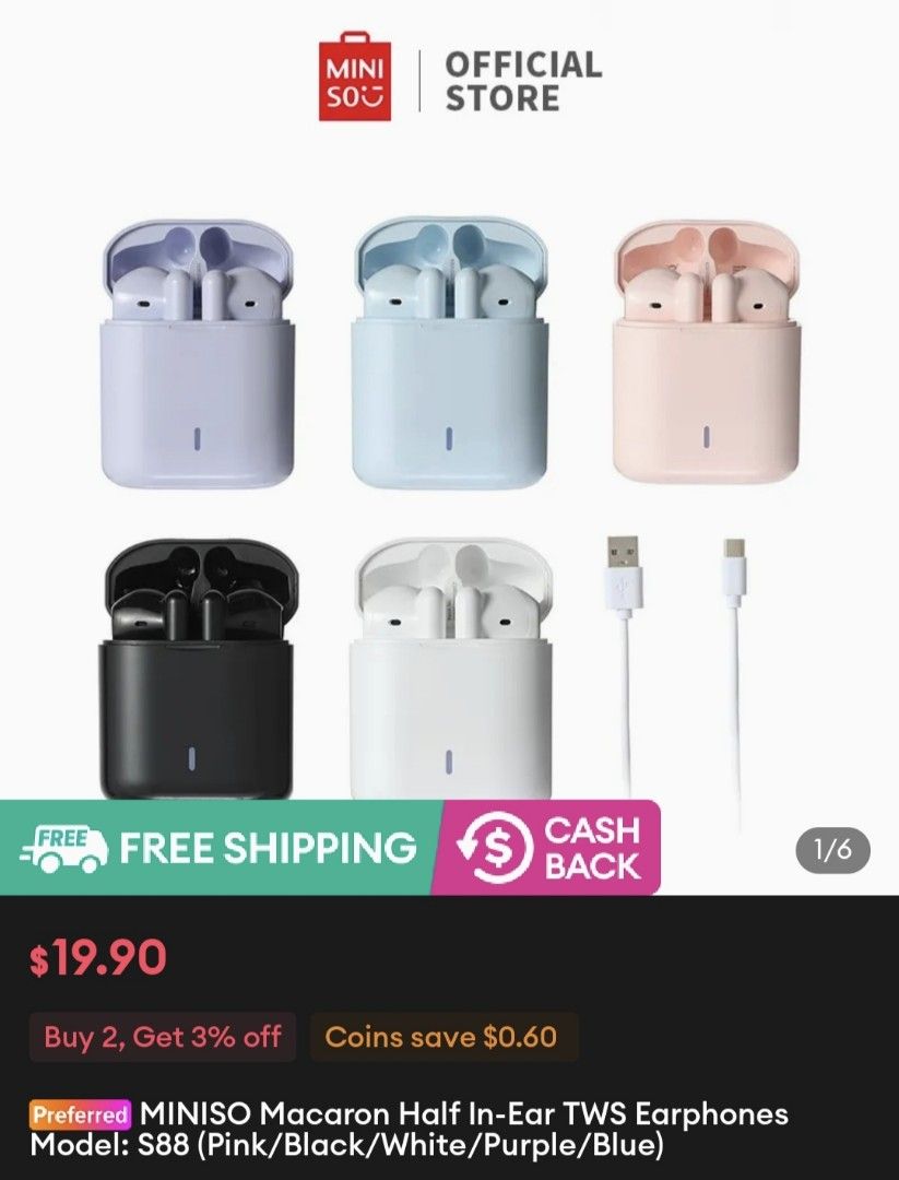 MINISO Macaron Half In-Ear TWS Earphones Model: S88, Audio, Earphones ...