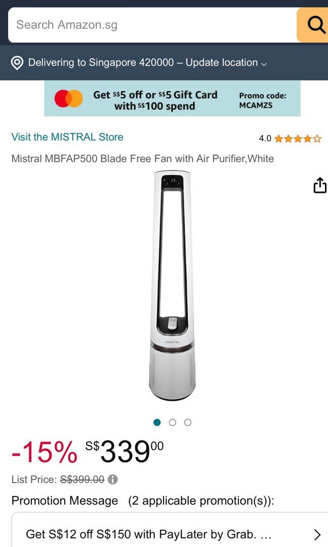 Mistral MBFAP500 Blade Free Fan with Air Purifier,White, TV & Home ...