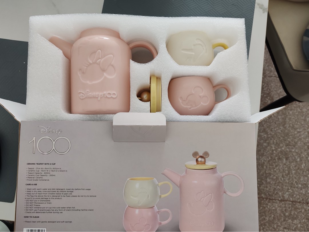 NTUC Fairprice Disney 100 Ceramic Teapot with 2 Cups, Furniture & Home ...